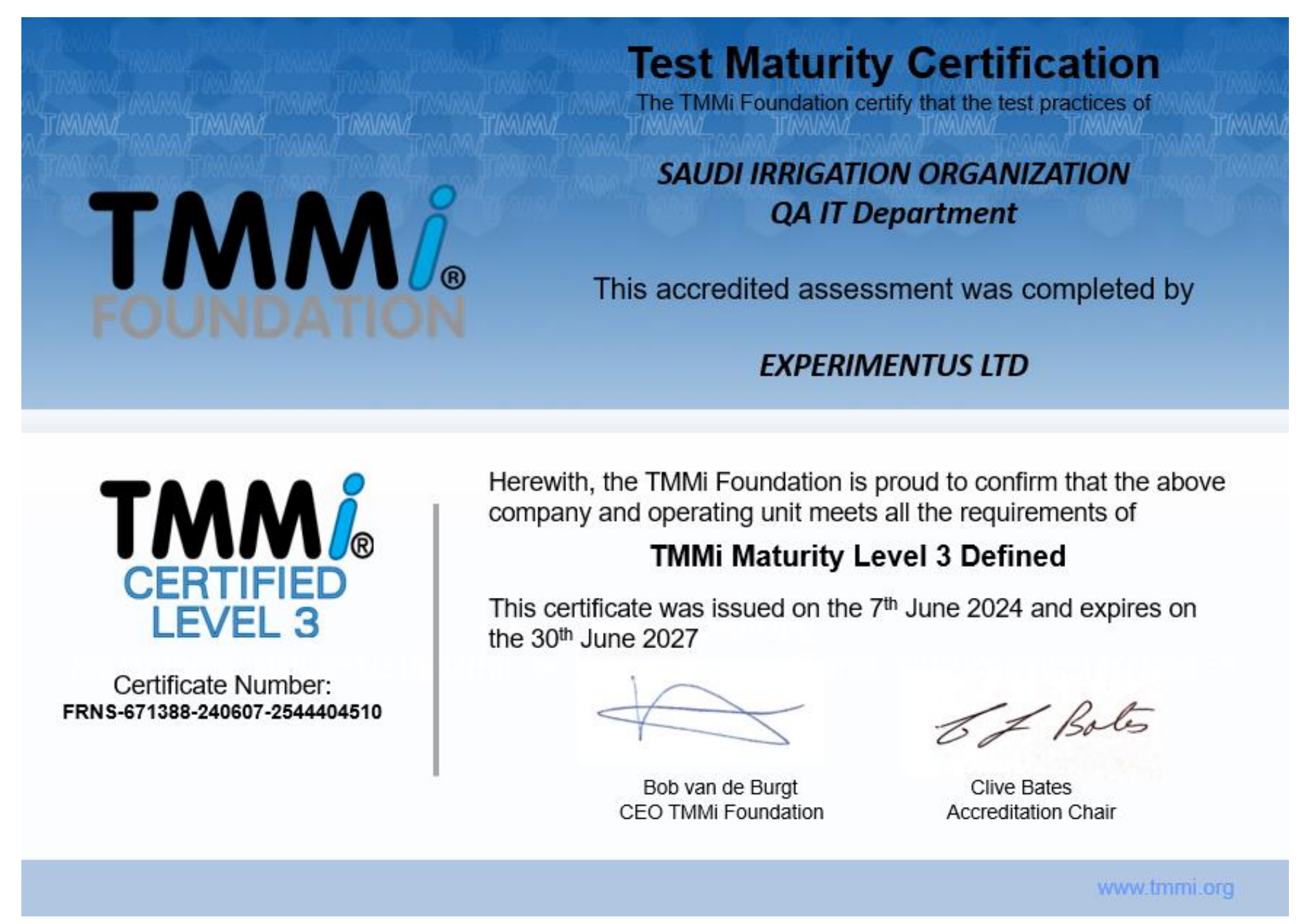 Saudi Irrigation Organization (QA IT Department) attain a TMMi Level 3 ...